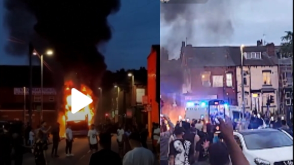 बिट्रेन के लीड्स में भड़के दंगे, पुलिस की गाड़ी पलटी, बस में लगा दी आग ...