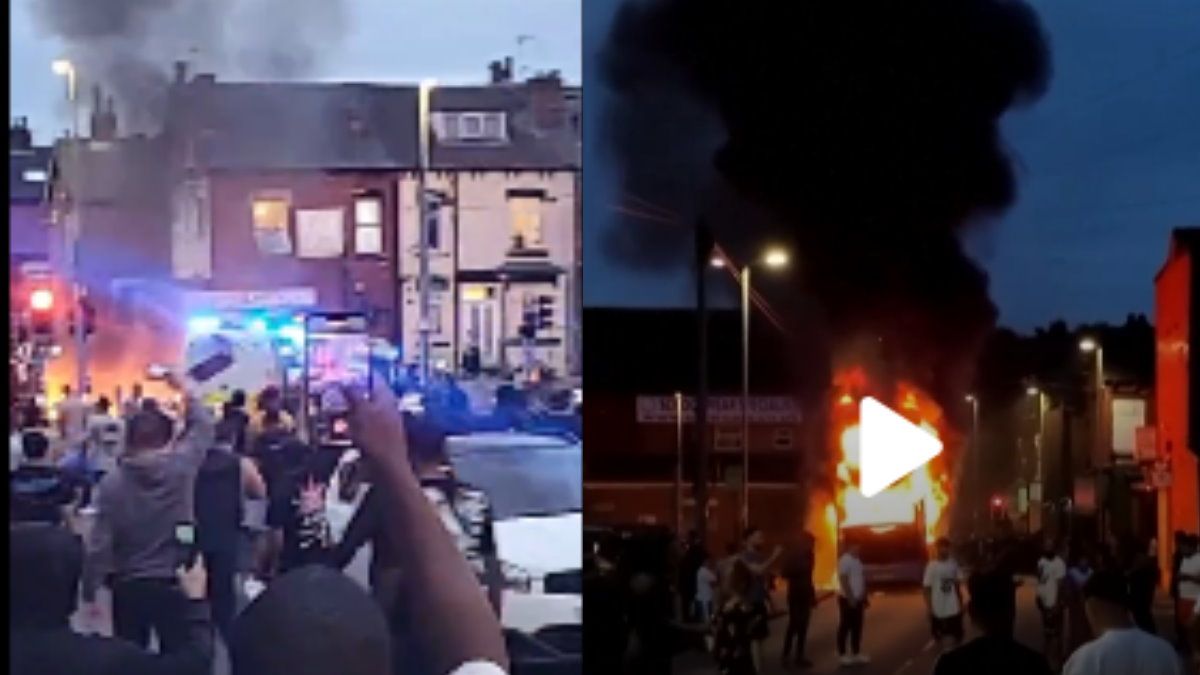 बिट्रेन के लीड्स में भड़के दंगे, पुलिस की गाड़ी पलटी, बस में लगा दी आग ...