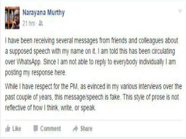 Never gave speech on PM Narendra Modi: Narayana Murthy clarifies on ...
