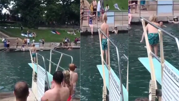 Little boy who was scared to jump into a pool is cheered by people ...