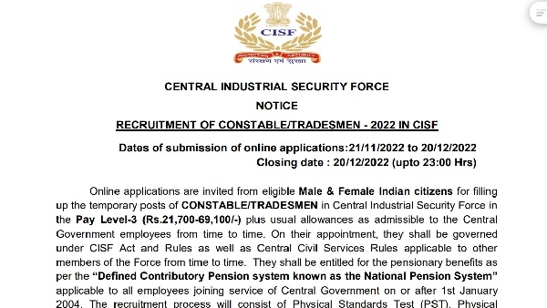 CISF Job Alert: Apply For 1,161 Constable (Tradesman) Positions; Check ...
