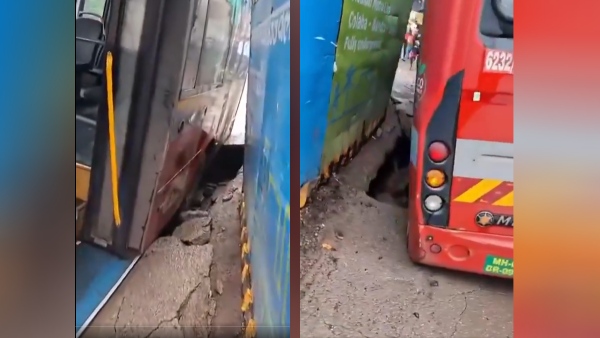 Mumbai: Road Caves In Near Thakurdwar Due To Heavy Rain, BEST Bus Gets Stuck; Watch Viral Video ...