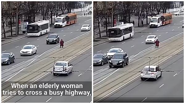 Elderly women stranded in a busy road, what fire safety people done to ...