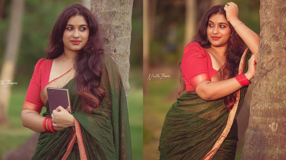 Radhika Radhakrishnan: സാരിയിൽ സ്റ്റൈലൻ ലുക്കിൽ രാധിക രാധാകൃഷ്ണൻ; അപ്പൻ സിനിമിലെ ഷീലയുടെ കലക്ക ...