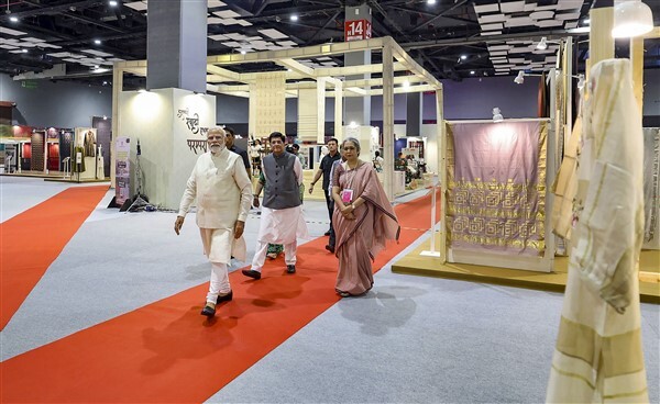 Prime Minister Narendra Modi visits an exhibition organised on the occasion of National Handloom ...