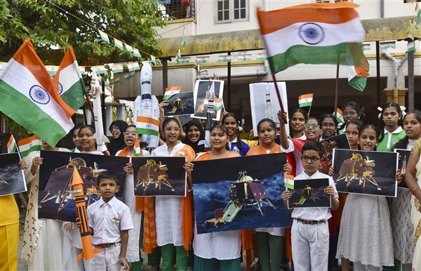 Students Celebrate The Successful Soft Landing Of ISRO's Chandrayaan-3 On The Surface Of The ...