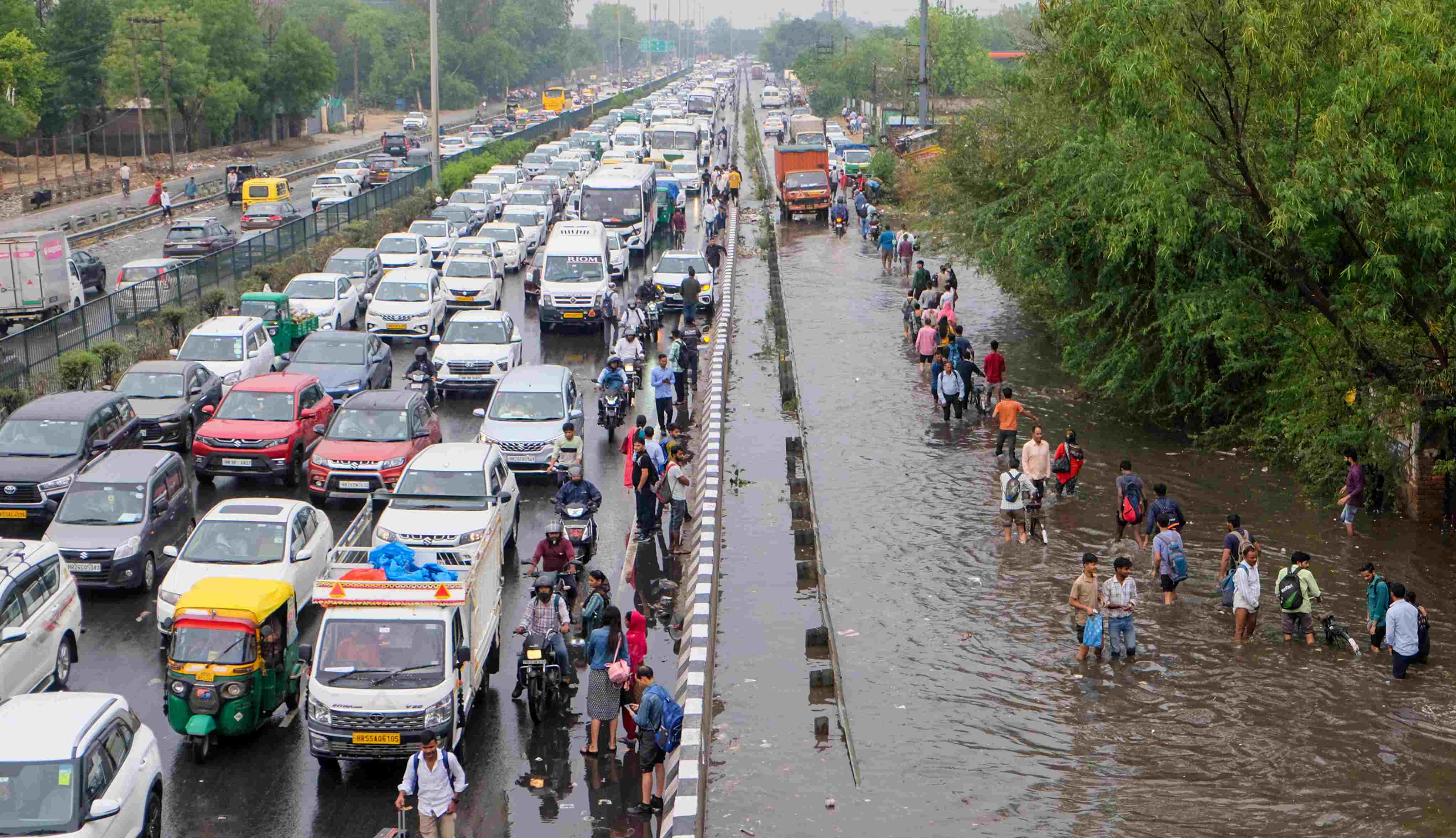 Delhi Rains Photos: दिल्ली-NCR में तेज बारिश का कहर, सड़कें बनीं तालाब, पेड़ उखड़े, गाड़ियां ...