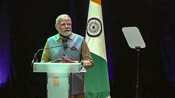 Prime Minister Narendra Modi addresses the Indian community event at La ...