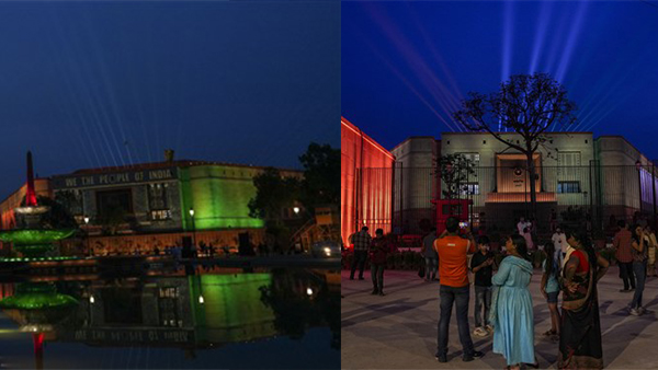 The new Parliament building illuminated with colourful lights, in New ...