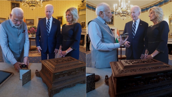 வெள்ளை மாளிகையில் ஜோ பைடன்,ஜில் பைடனுக்கு மோடி அளித்த பரிசு..சந்தனப்பெட்டி,ஸ்பெஷல் வைரக்கல் ...