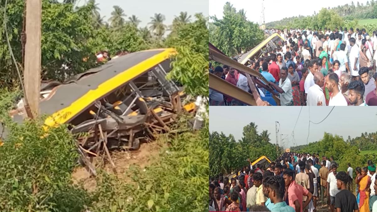 கடலூரில் ரயில் மோதியதும்! 50 மீட்டர் தூரத்துக்கு வீசப்பட்ட பள்ளி வேன் ...